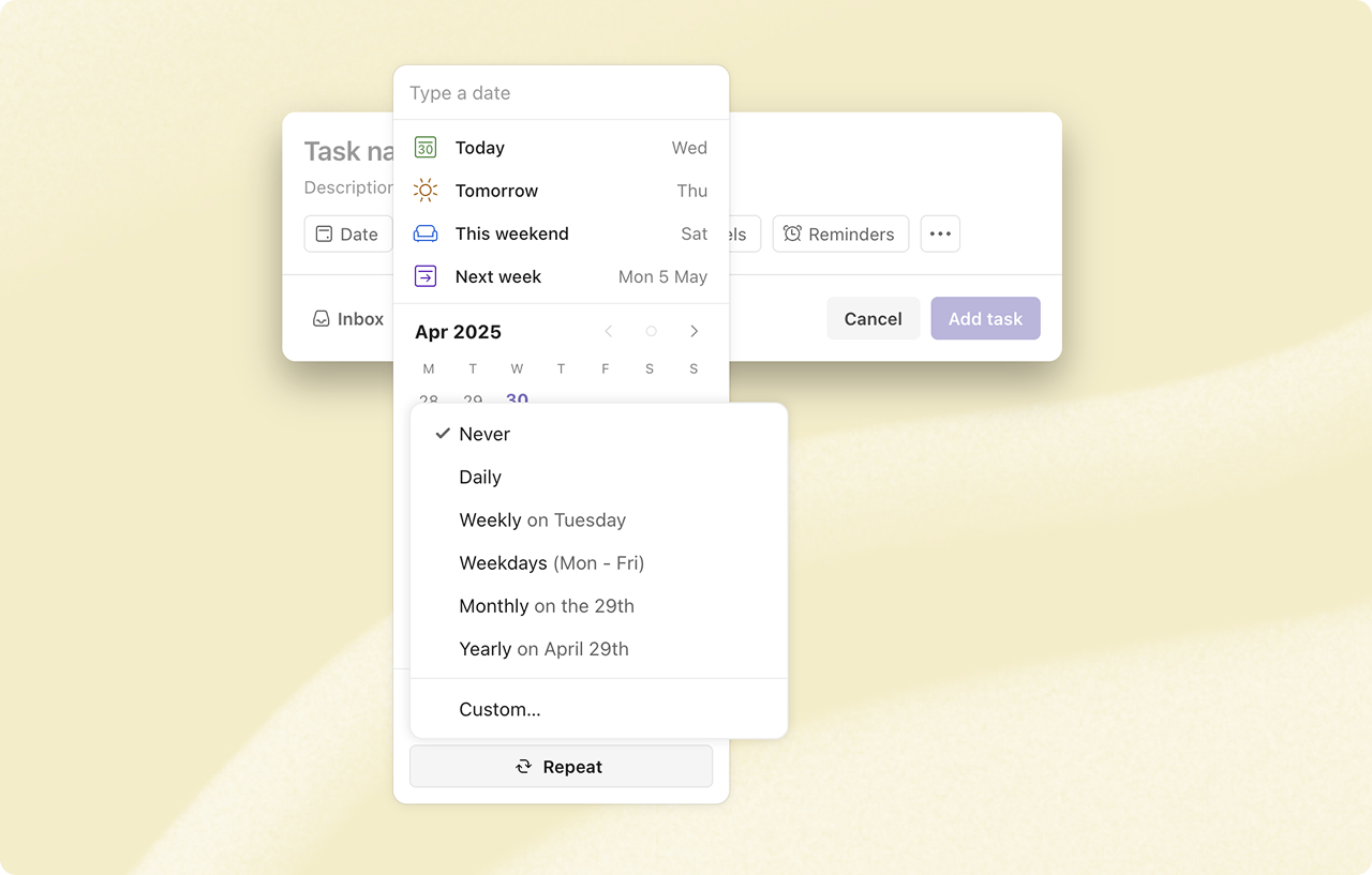 Set recurring tasks with an interface – April 30 – Todoist Help